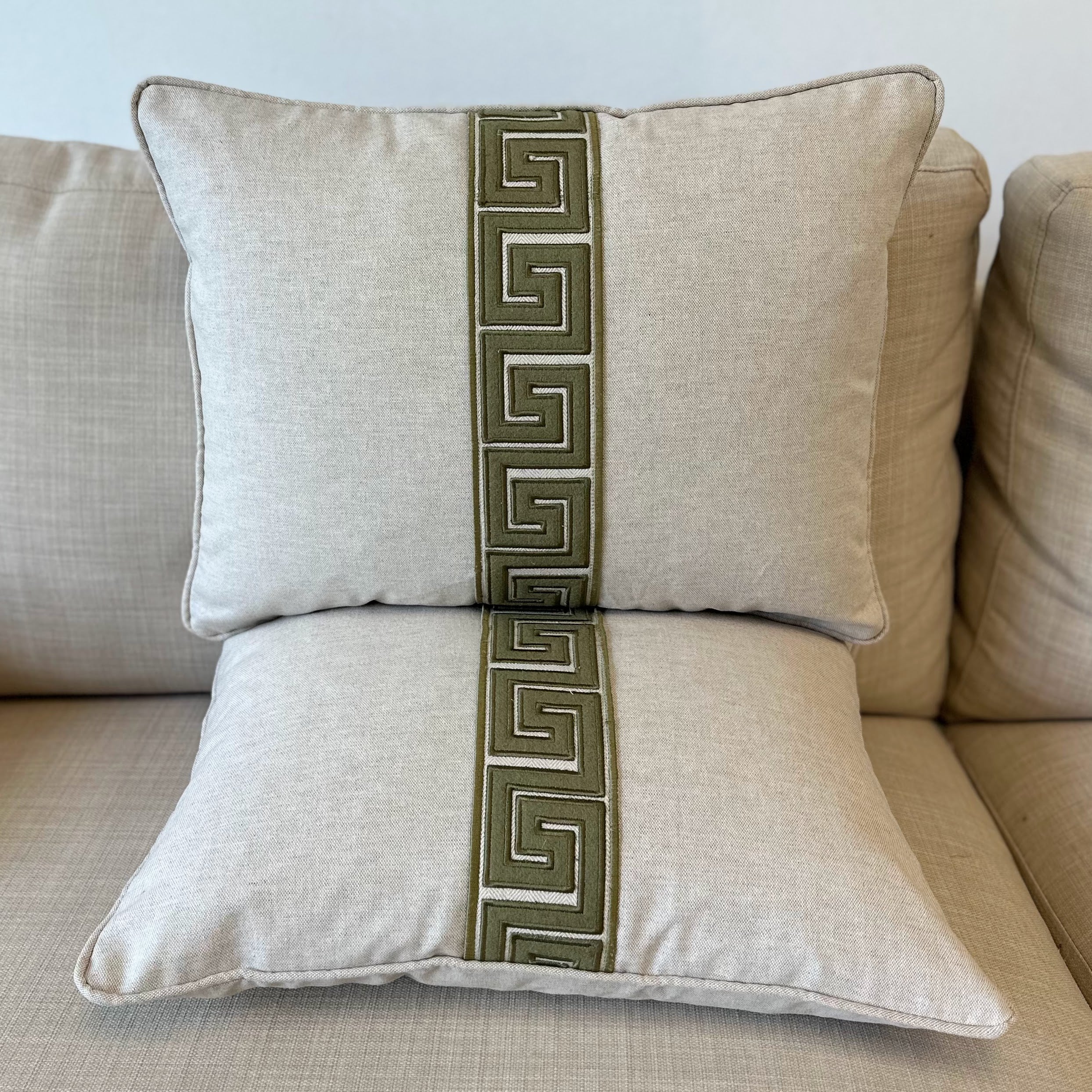 Ready to Ship :: Olive Greek Key Tape Stripe Lumbars (PAIR) for 16x20"