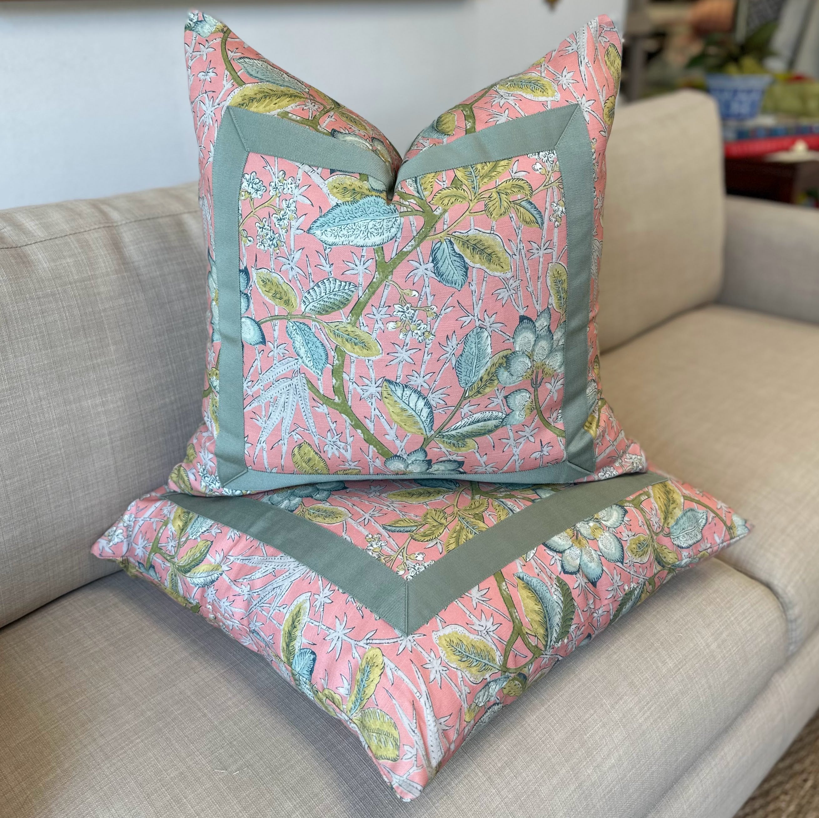 Ready to Ship :: Abigail in Coral with Spa Mitered Box Pillow Covers